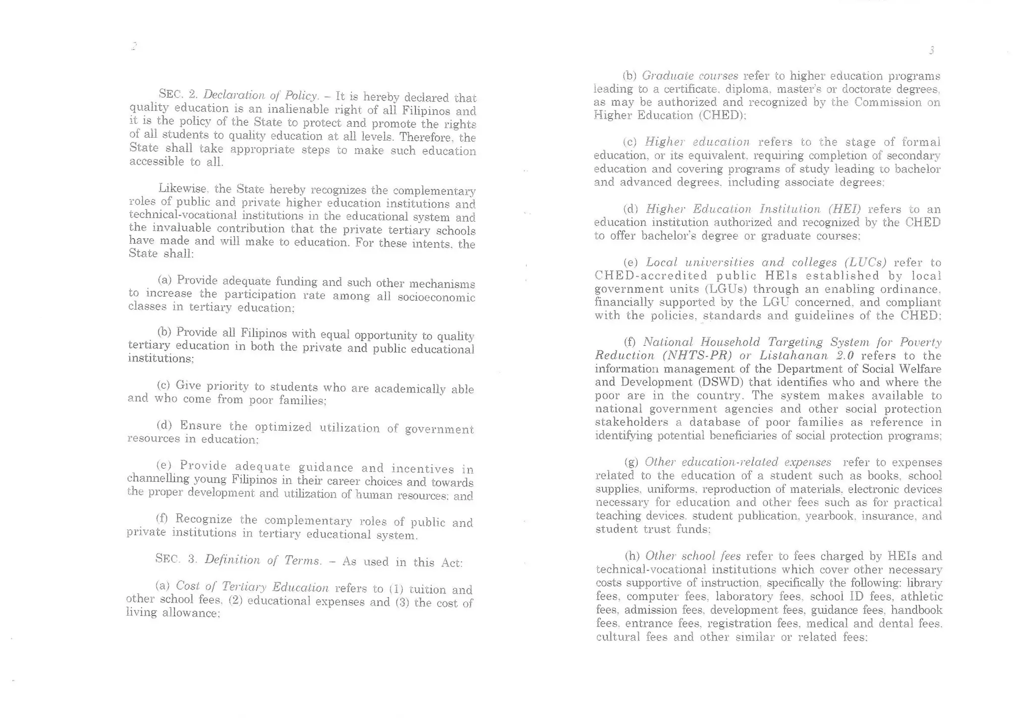 Republic Act 10931 Universal Access to Quality Tertiary Education Act | PDF