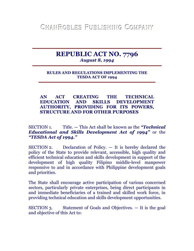 Republic act no. 7796 (1) | PDF