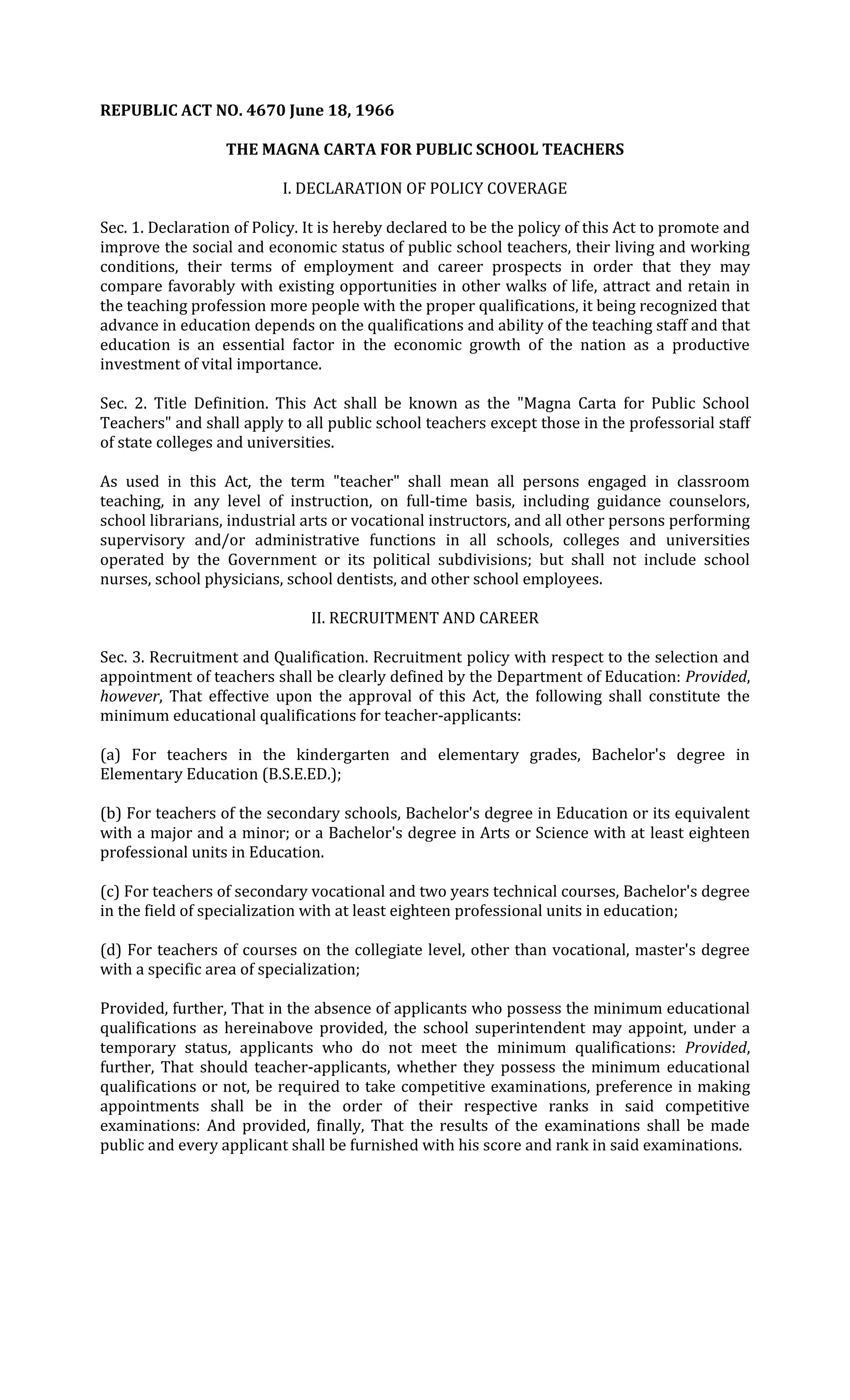 Republic act no. 4670 magna carta for public school teachers | DOCX
