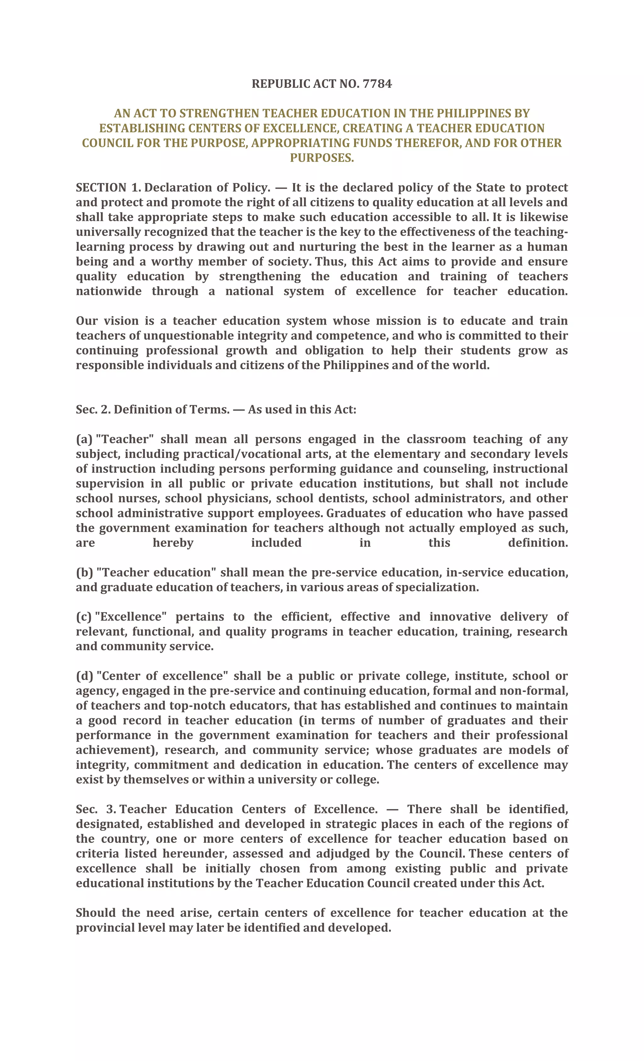 Republic act no. 7784 teacher education | DOCX