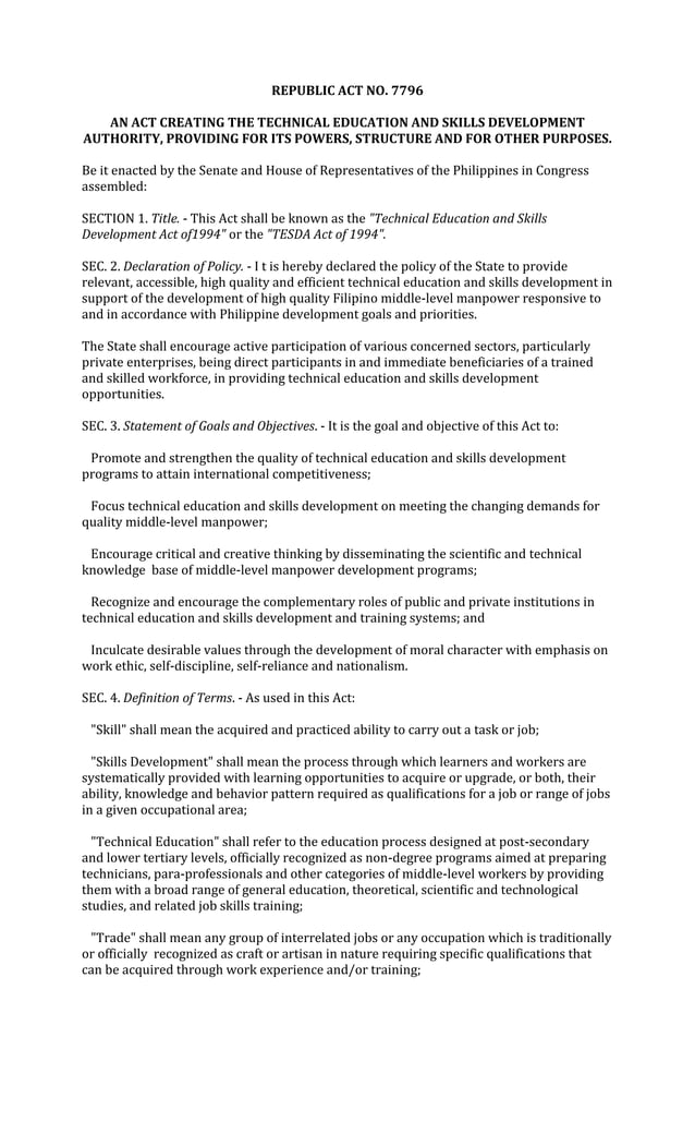 Republic act no.7796 tesda law | DOCX