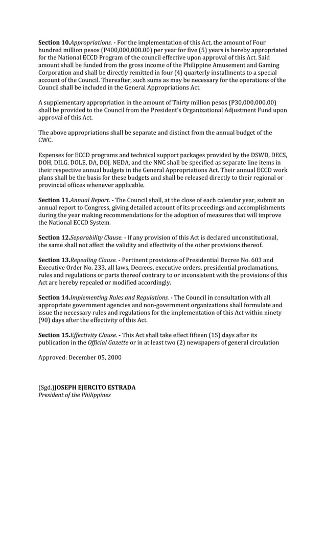 Republic act no.8980 early childhood care and development