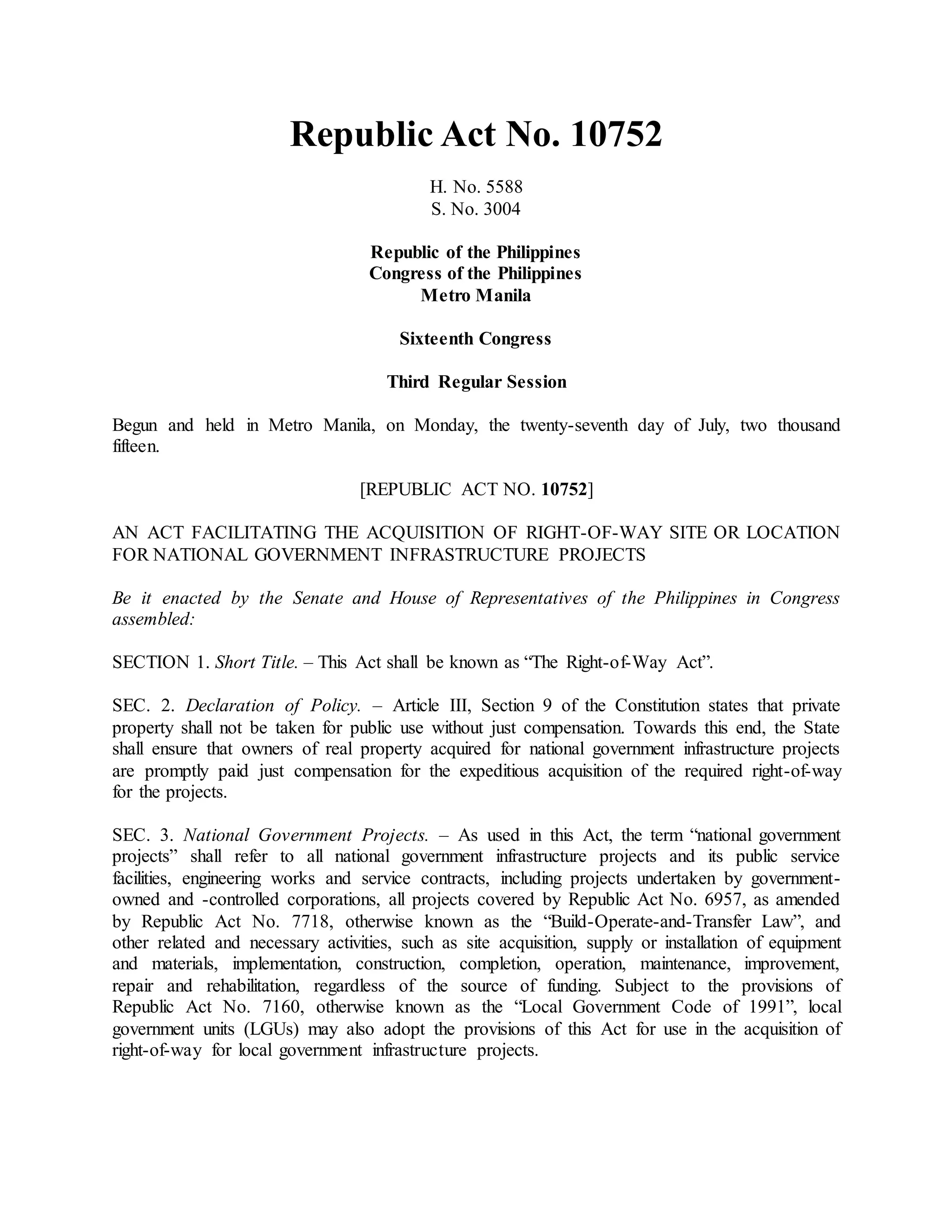 RA 10752: THE RIGHT OF WAY ACT | PDF