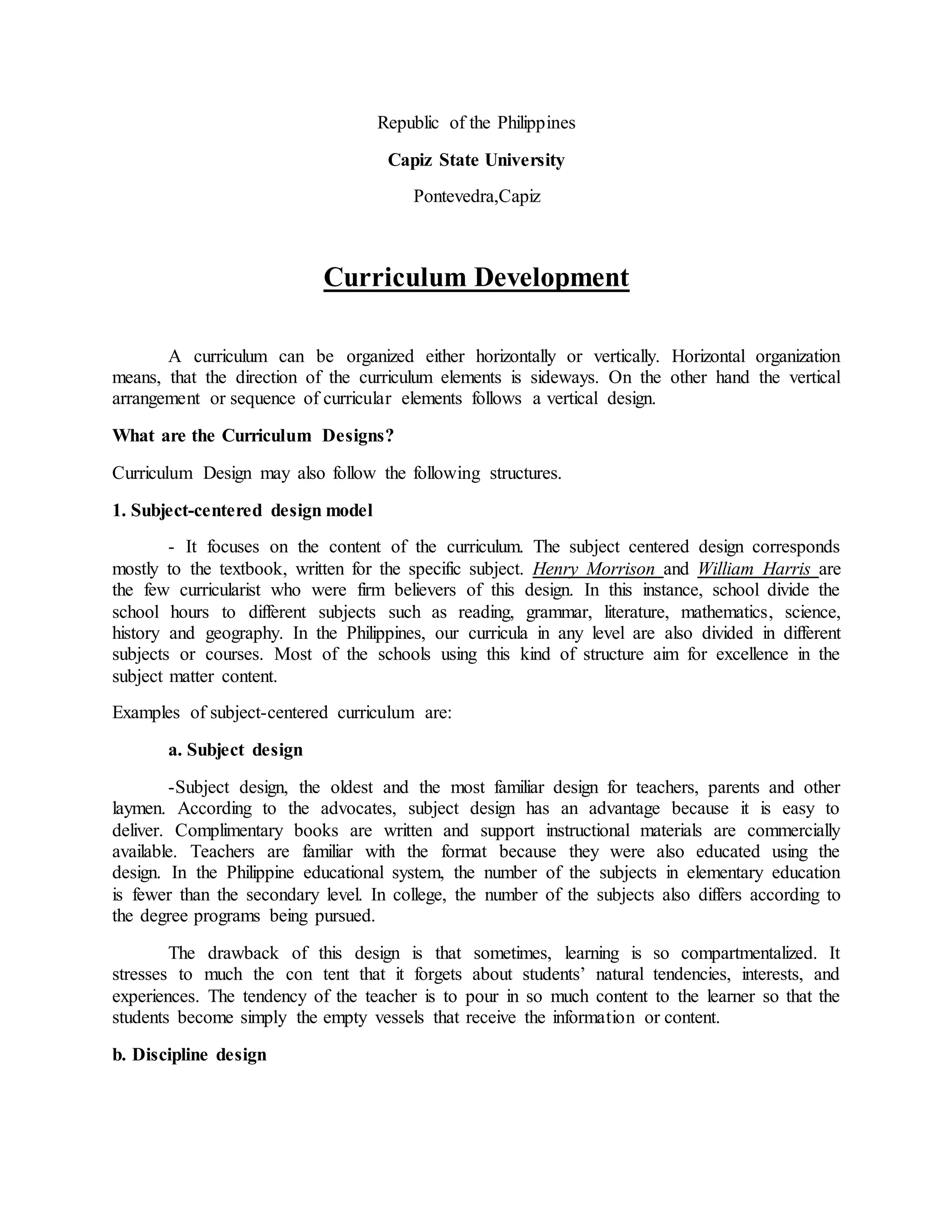 Curriculum Development: Curriculuim Design Models | DOCX | Primary ...