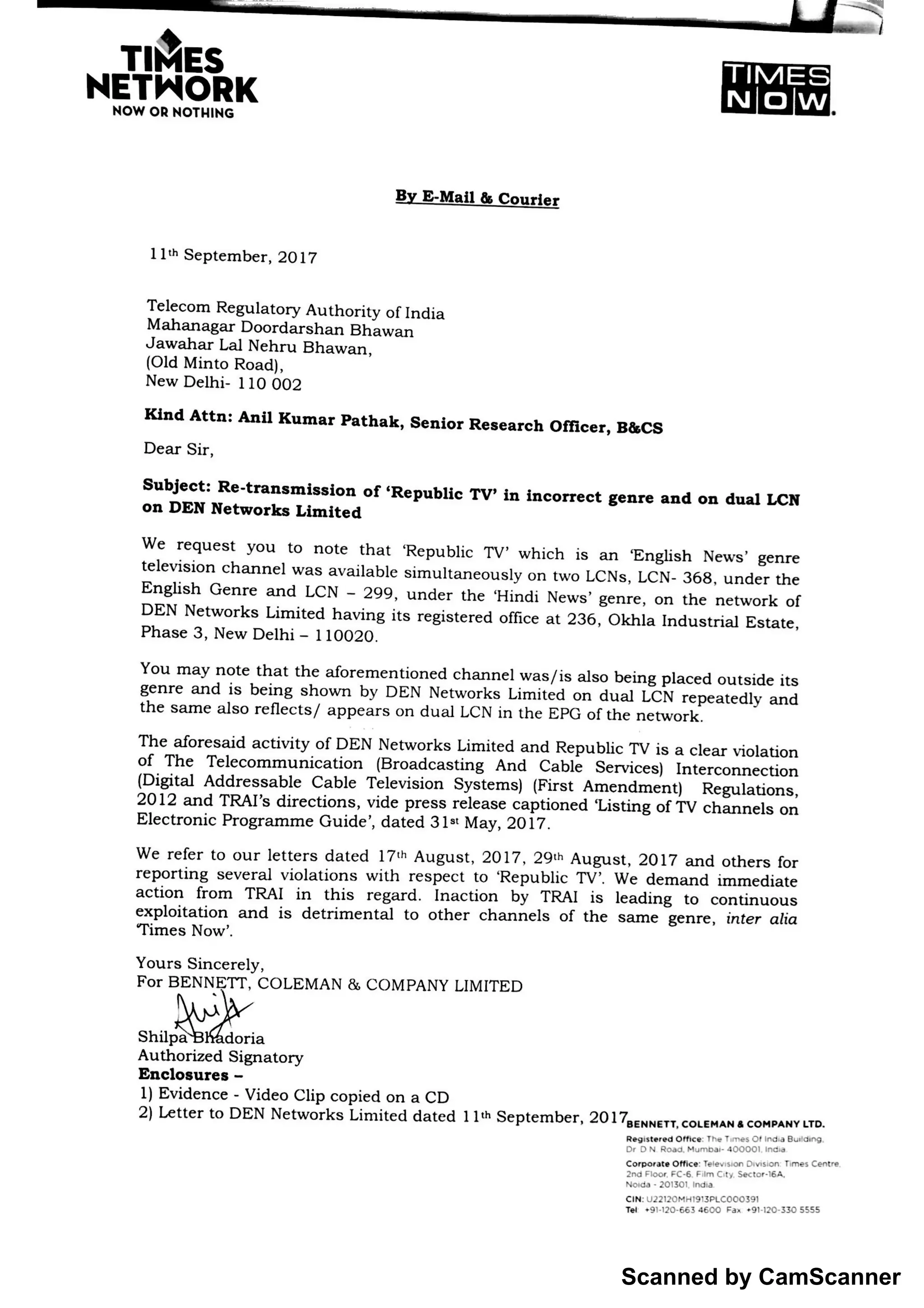 RepublicTV letter to TRAI | PDF