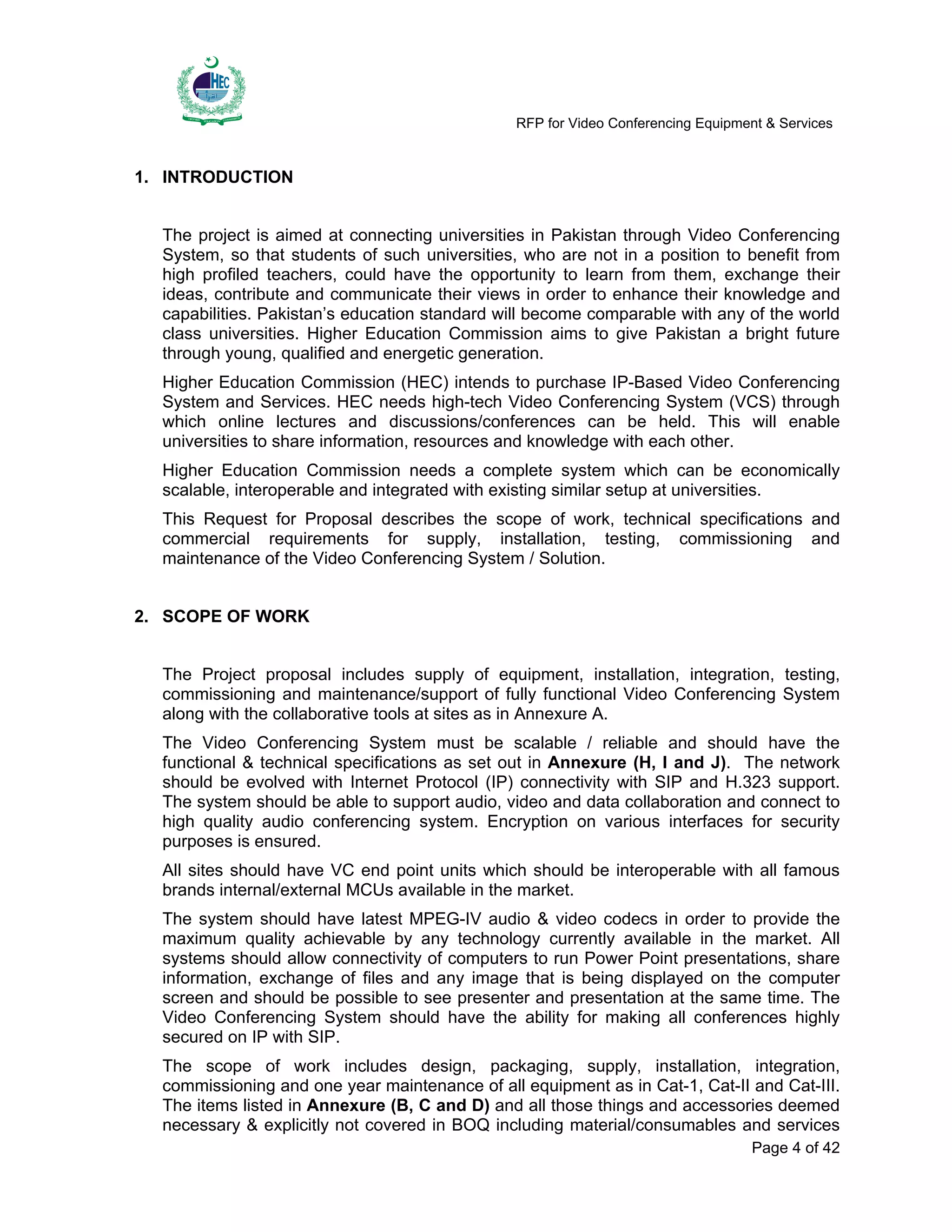 Request for Proposal (RFP) For Video Conferencing Equipment | PDF