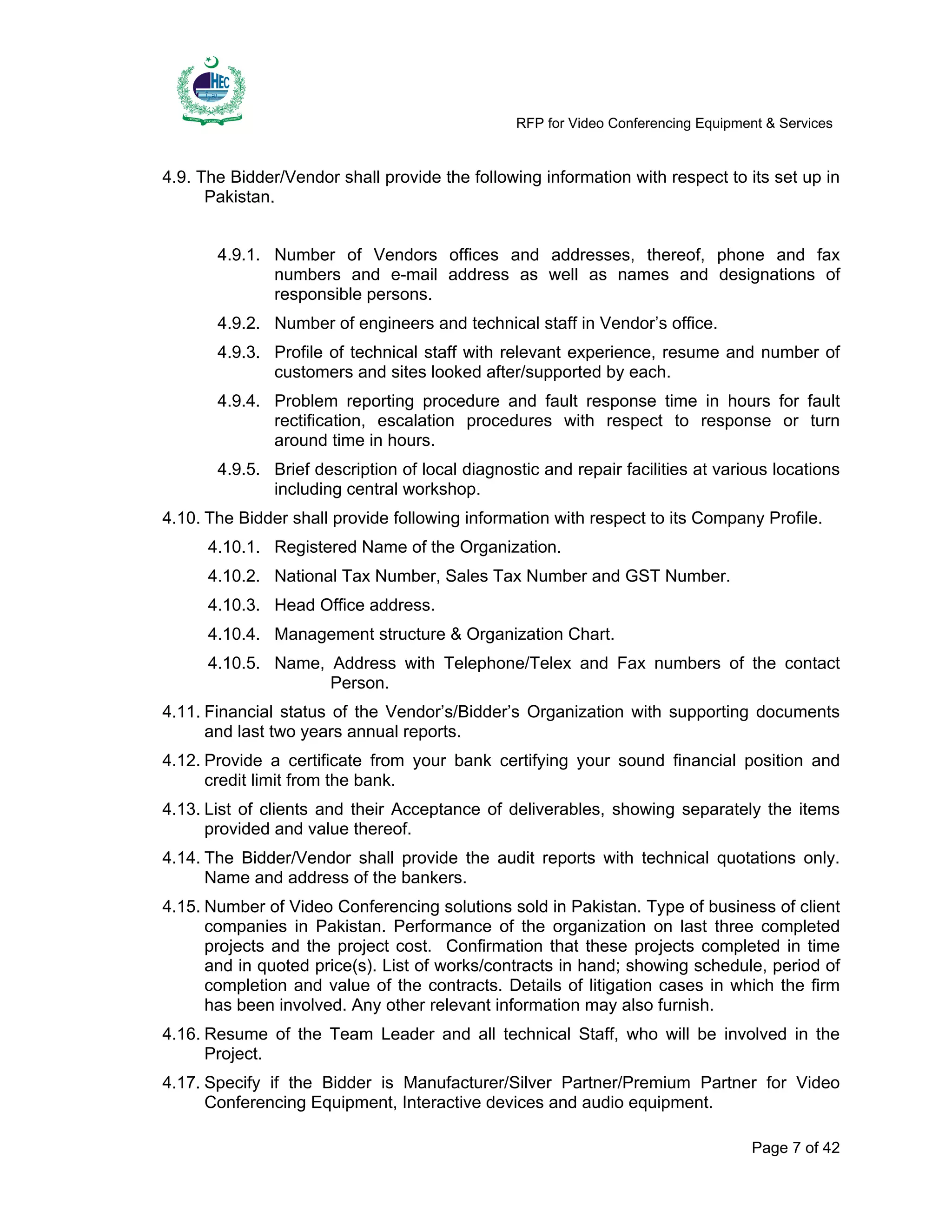 Request for Proposal (RFP) For Video Conferencing Equipment | PDF