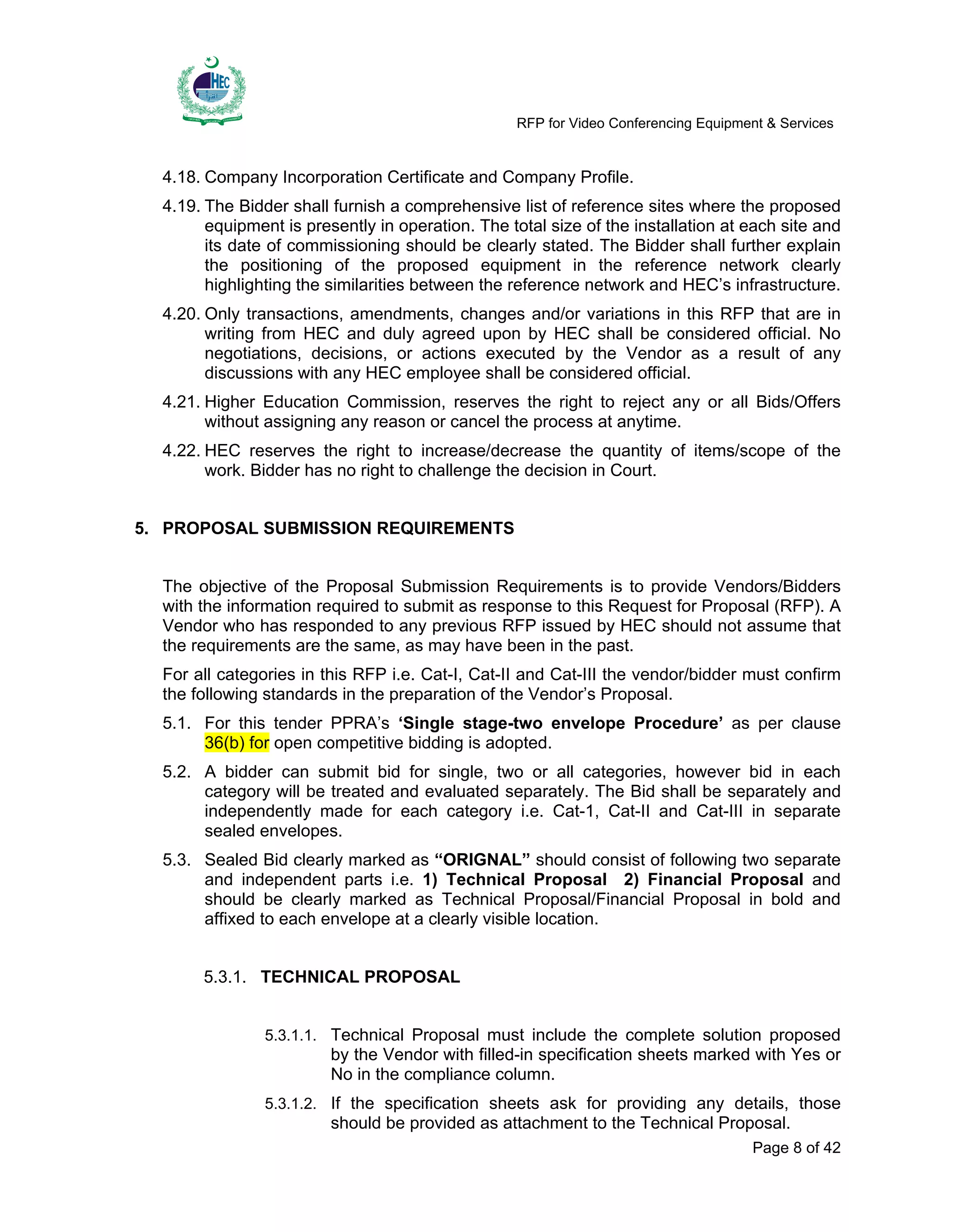 Request for Proposal (RFP) For Video Conferencing Equipment | PDF