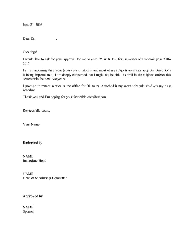 Sample Letter Request for Additional Units for Working Scholars | PDF