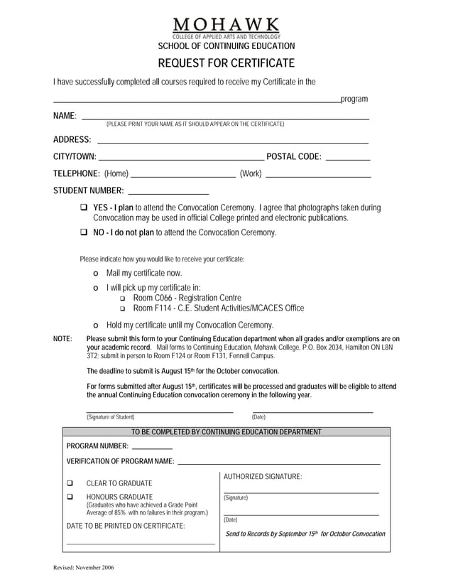 Mohawk College Request For Certificate Form | PDF