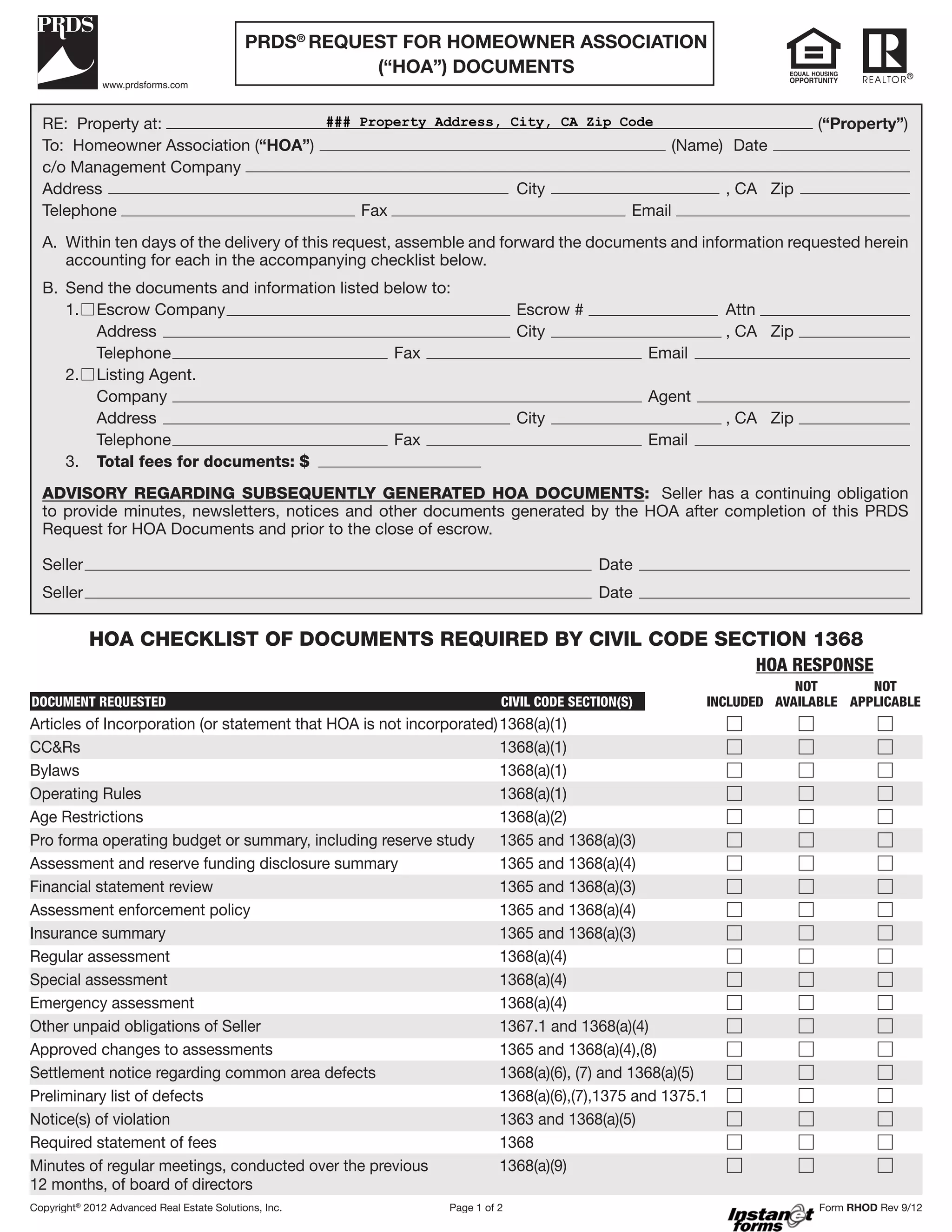 Request for homeowners association documents (rhod) | PDF