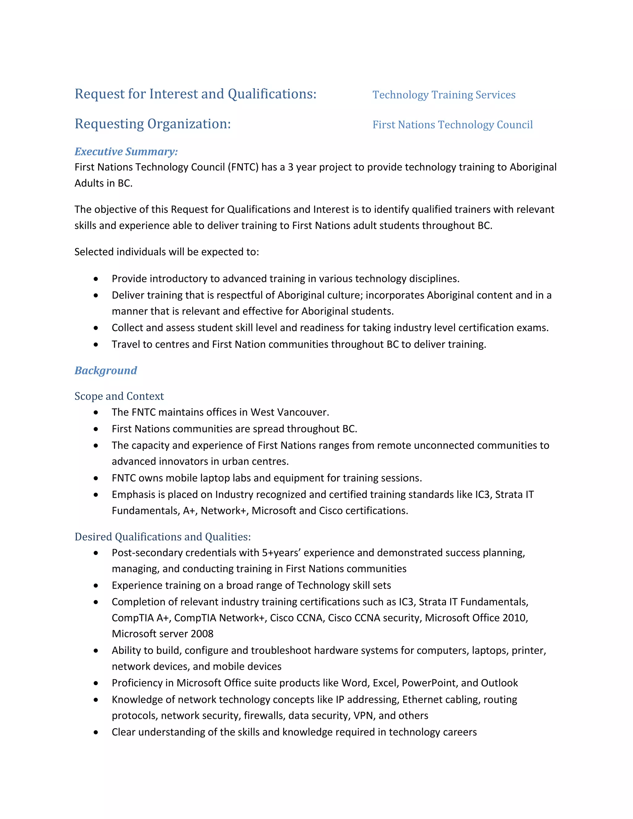 First Nations Technology Council Request for Interest and Qaulifictions ...