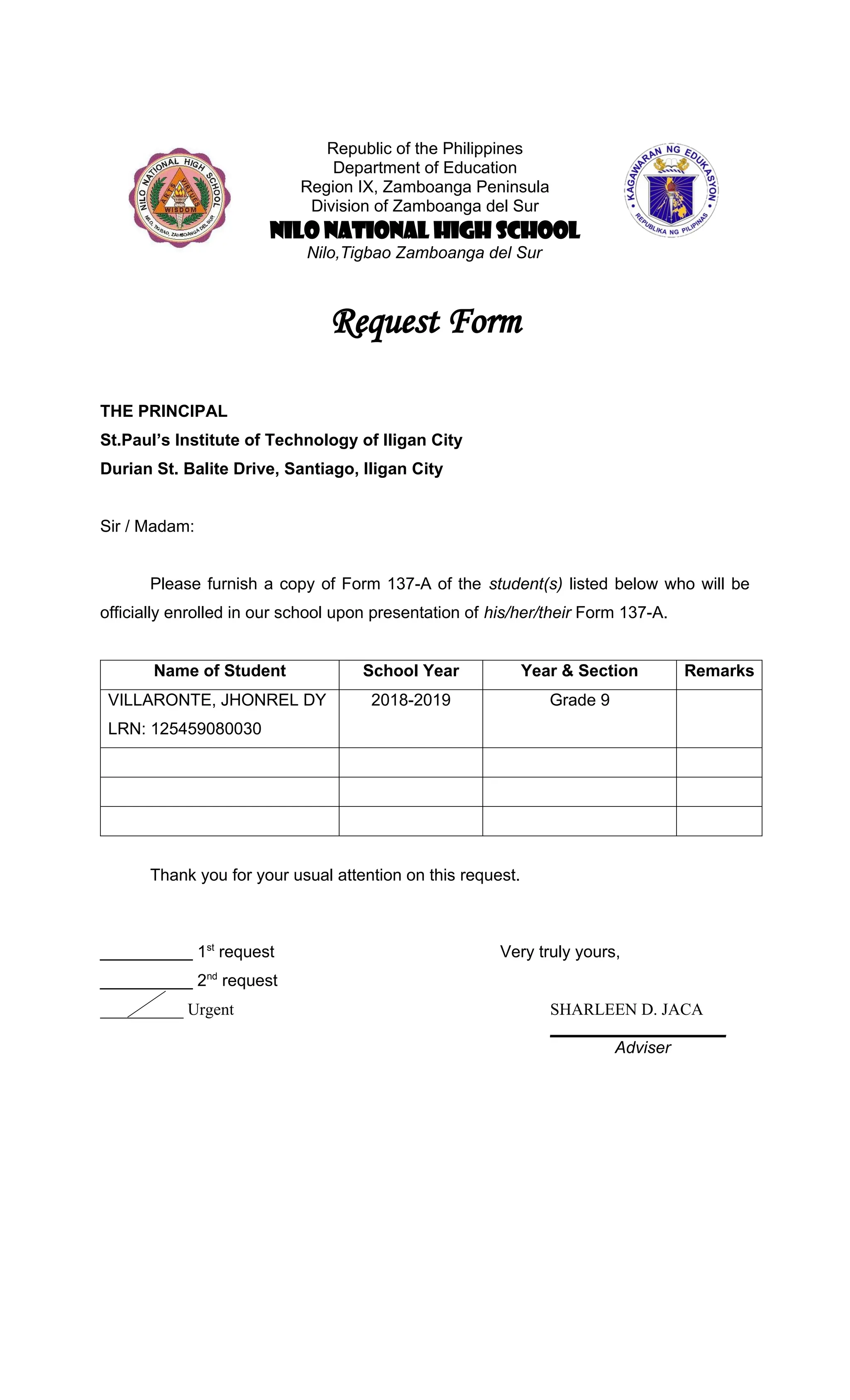Request form 137 when a learner is a transferee from other school | DOCX