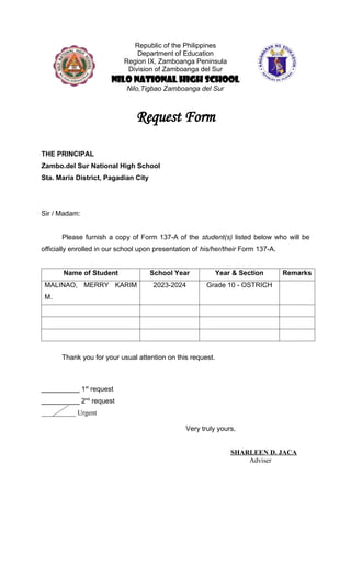 Request form 137 when a learner is a transferee from other school | DOCX