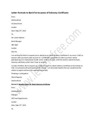 Letter Format to Bank for Issuance of Solvency Certificate