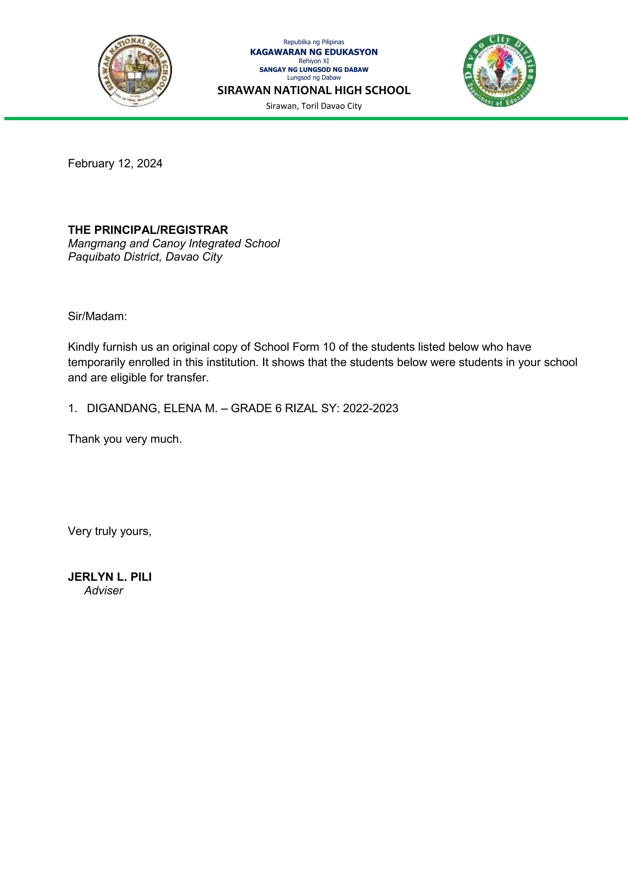 REQUEST SF10 FOR DEPARMENT OF EDUCATION. | DOCX