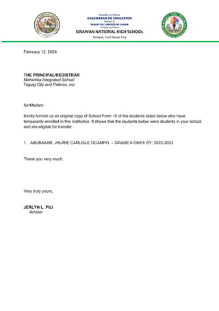 REQUEST SF10 FOR DEPARMENT OF EDUCATION. | DOCX