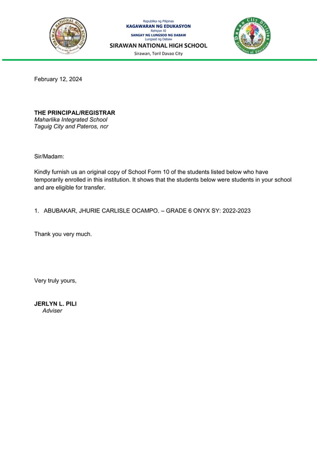 REQUEST SF10 FOR DEPARMENT OF EDUCATION. | DOCX | Professional School ...