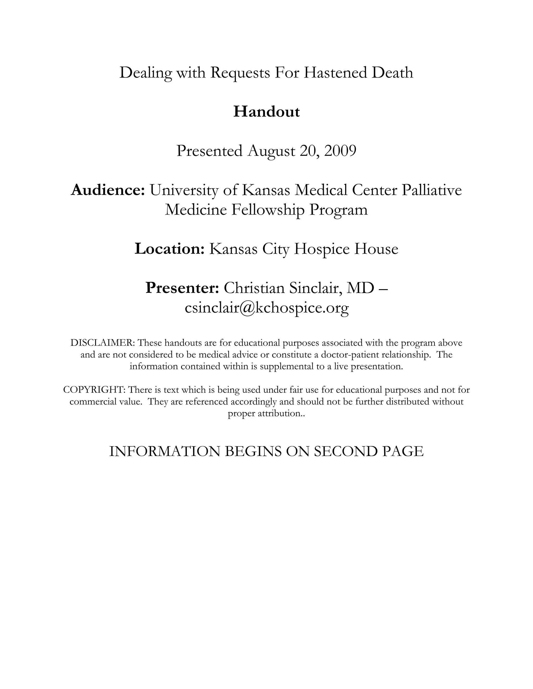 Dealing With Requests For Hastened Death (Handout) | DOCX