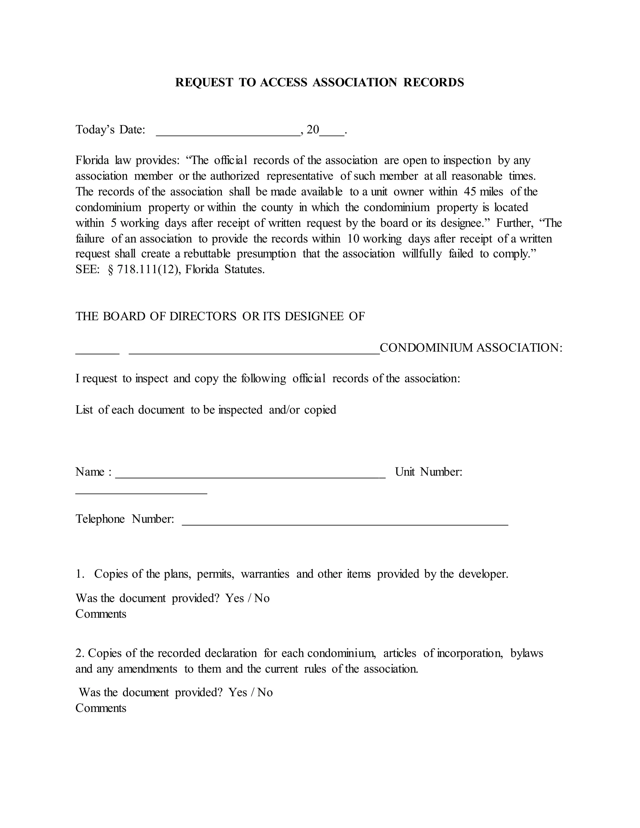 DBPR Request to access association records Template | DOCX