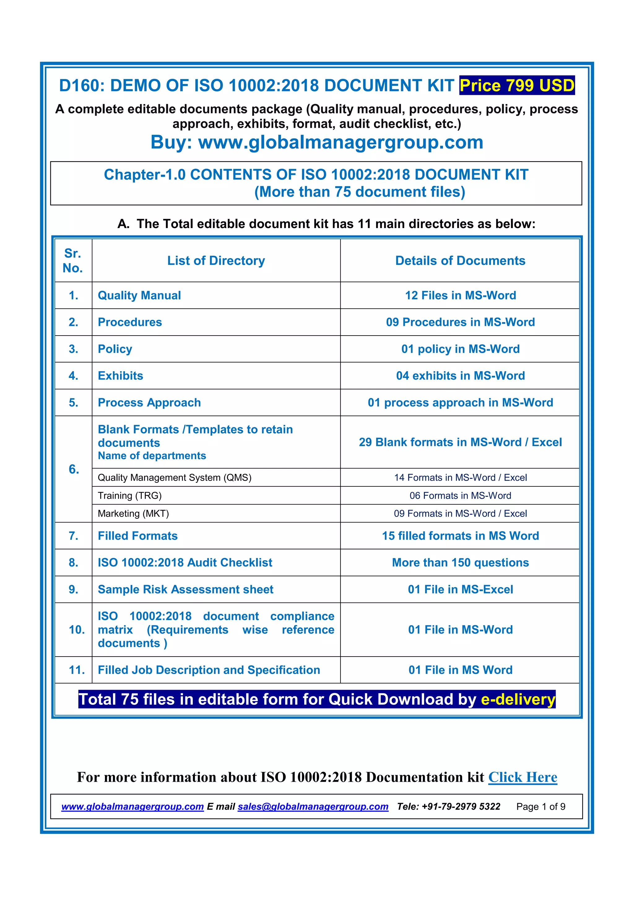 ISO 10002:2018 Documentation Kit - Manual, Procedures, Audit Checklist ...