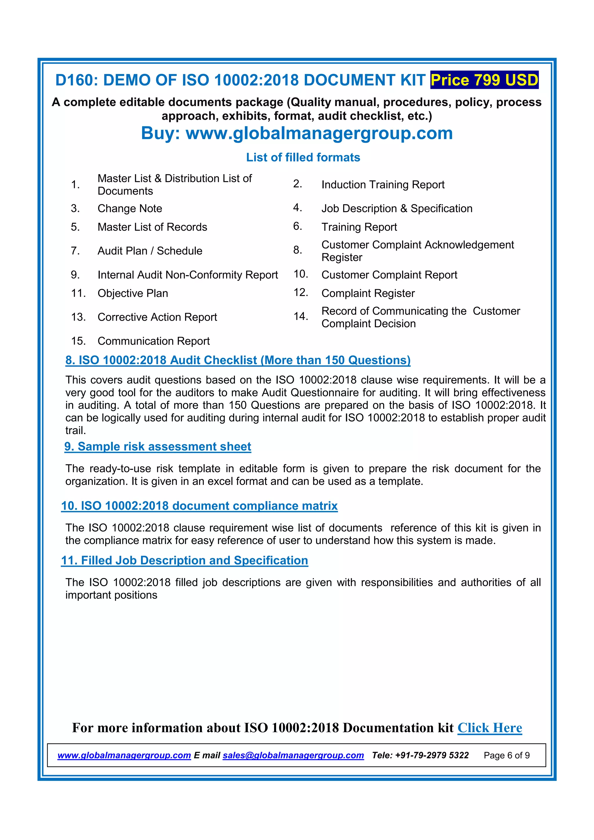 ISO 10002:2018 Documentation Kit - Manual, Procedures, Audit Checklist ...