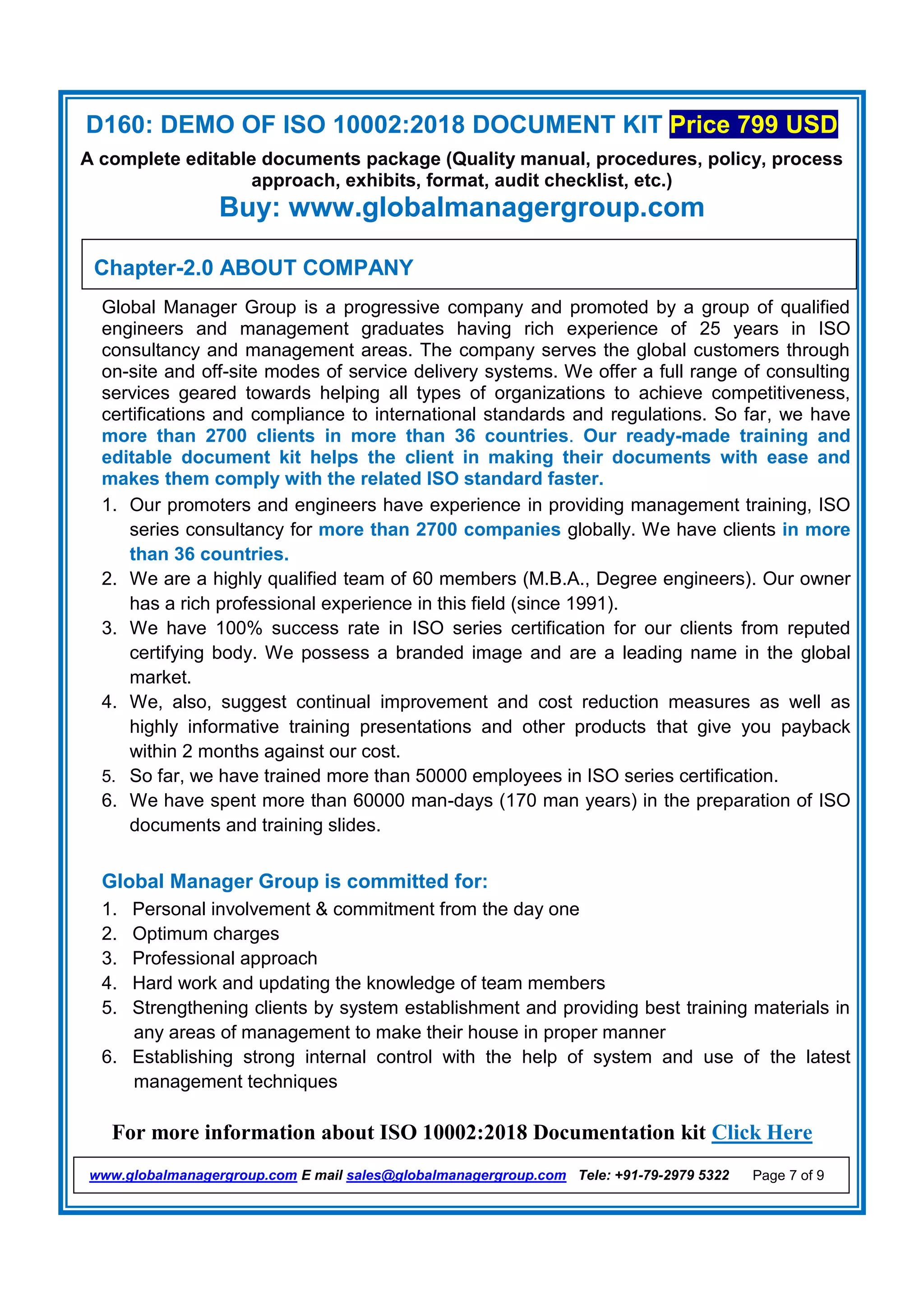 ISO 10002:2018 Documentation Kit - Manual, Procedures, Audit Checklist ...