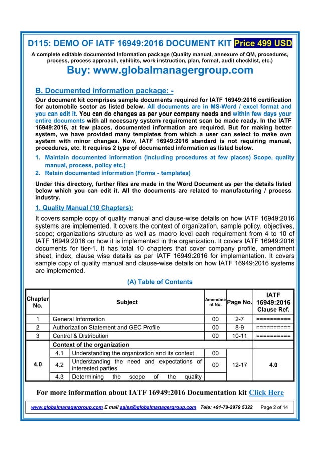 List of mandatory IATF 16949 documents | PDF