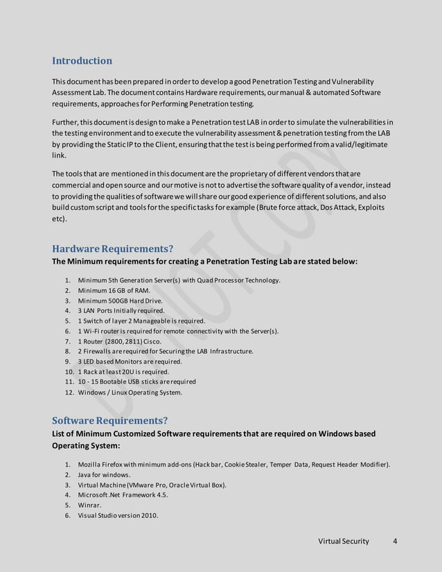Requirement For Creating A Penetration Testing Lab Docx Operating Systems Computer