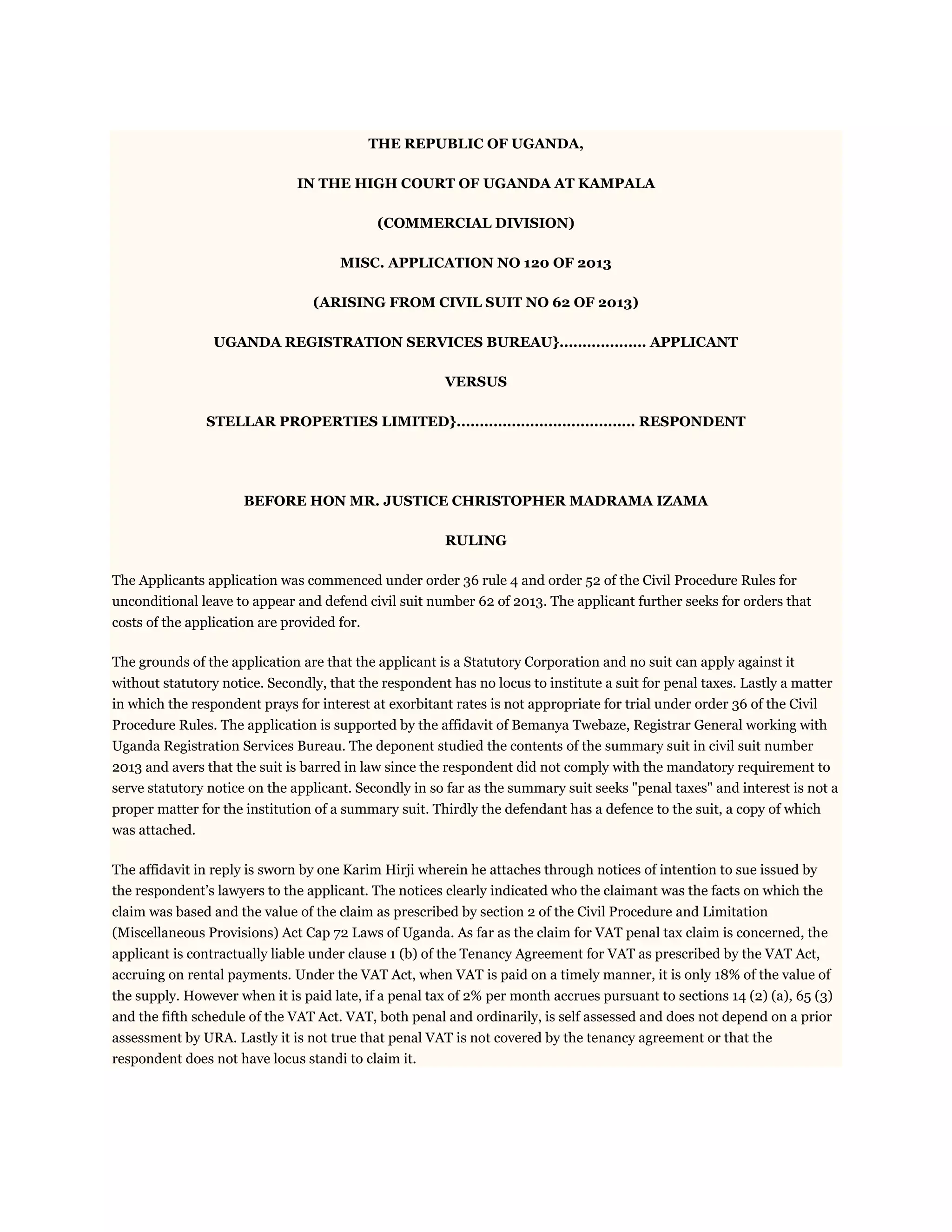 Requirement of a statutory notice in Uganda's laws | DOCX