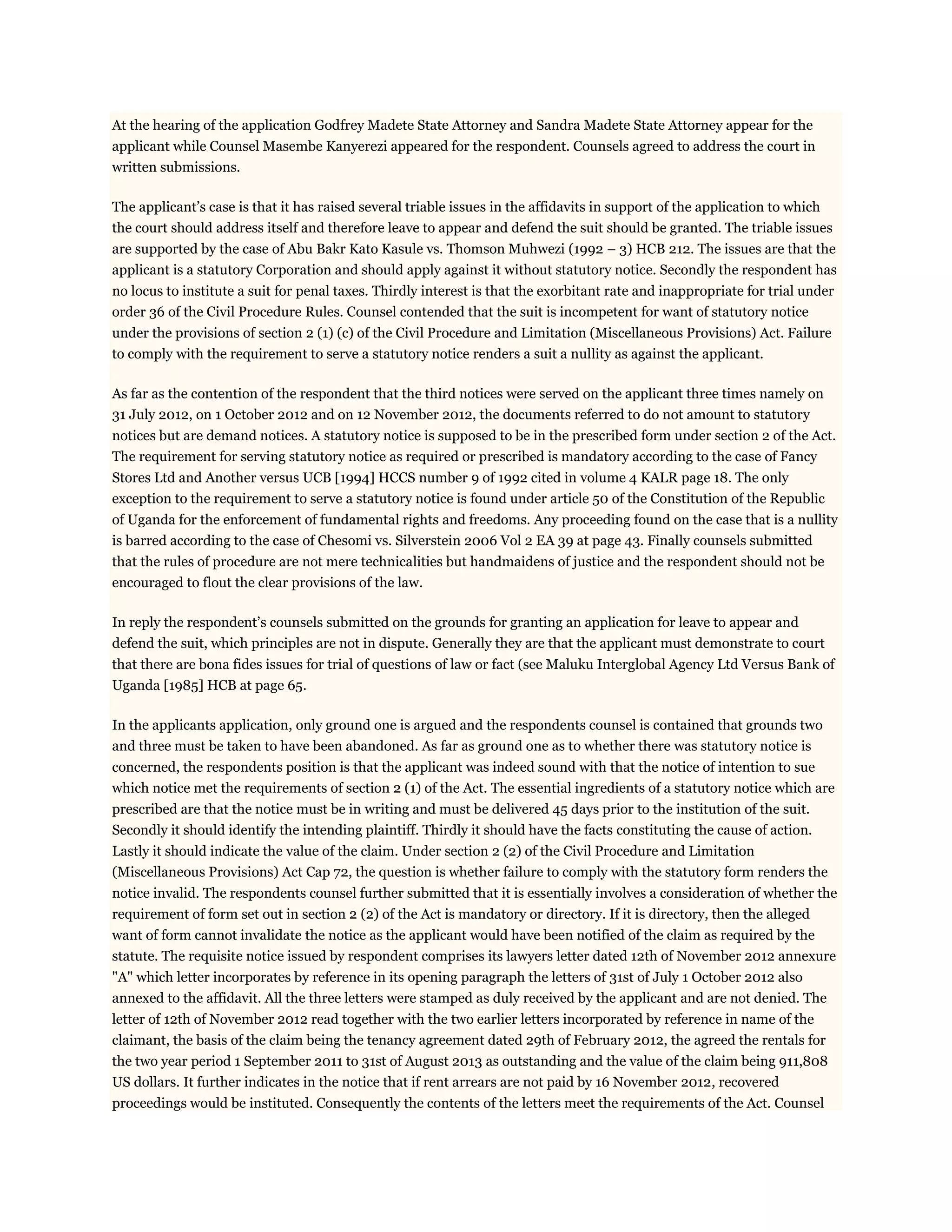 Requirement of a statutory notice in Uganda's laws | DOCX