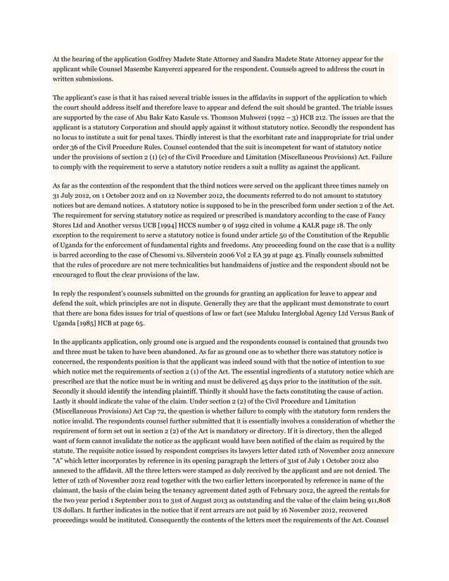 Requirement of a statutory notice in Uganda's laws | DOCX