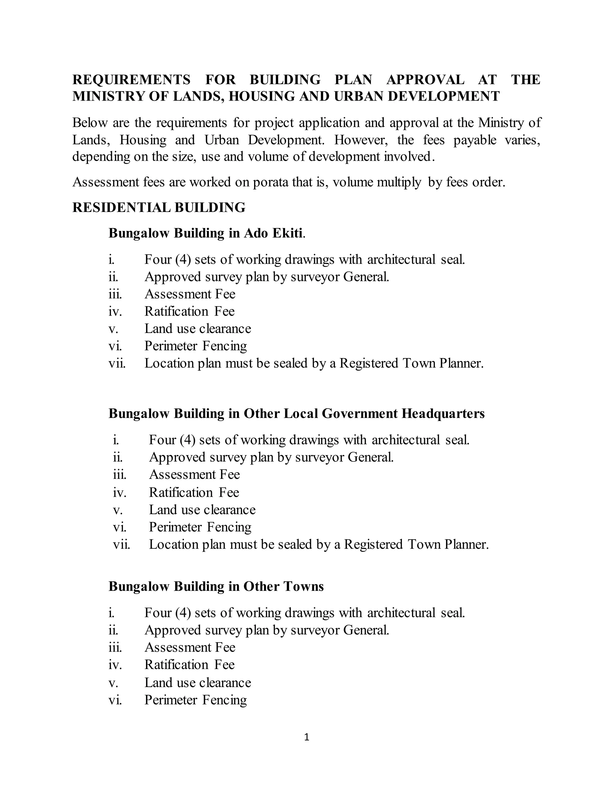 REQUIREMENTS FOR BUILDING PLAN APPROVAL AT THE MINISTRY OF LANDS ...