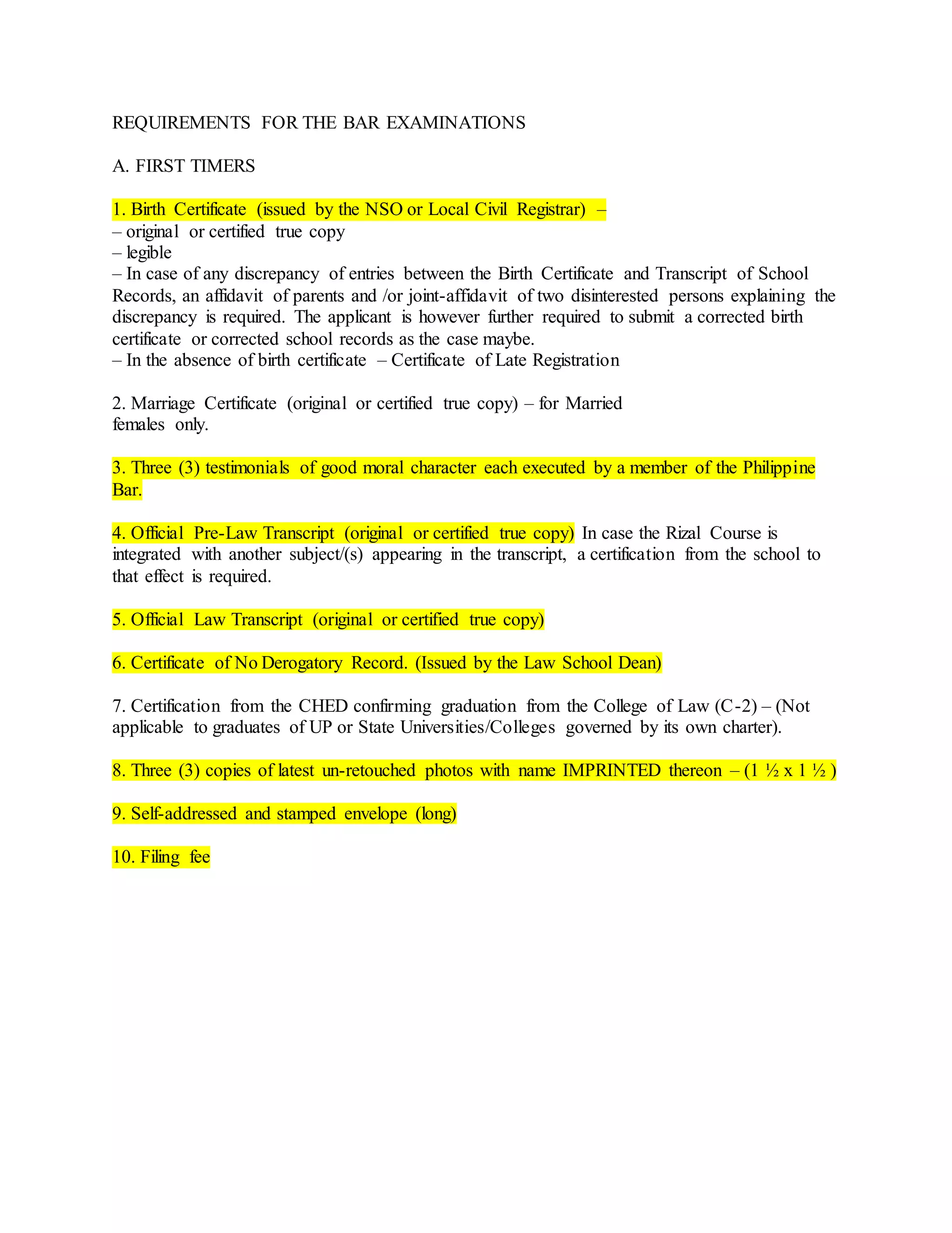 Requirements for the bar examinations | DOCX