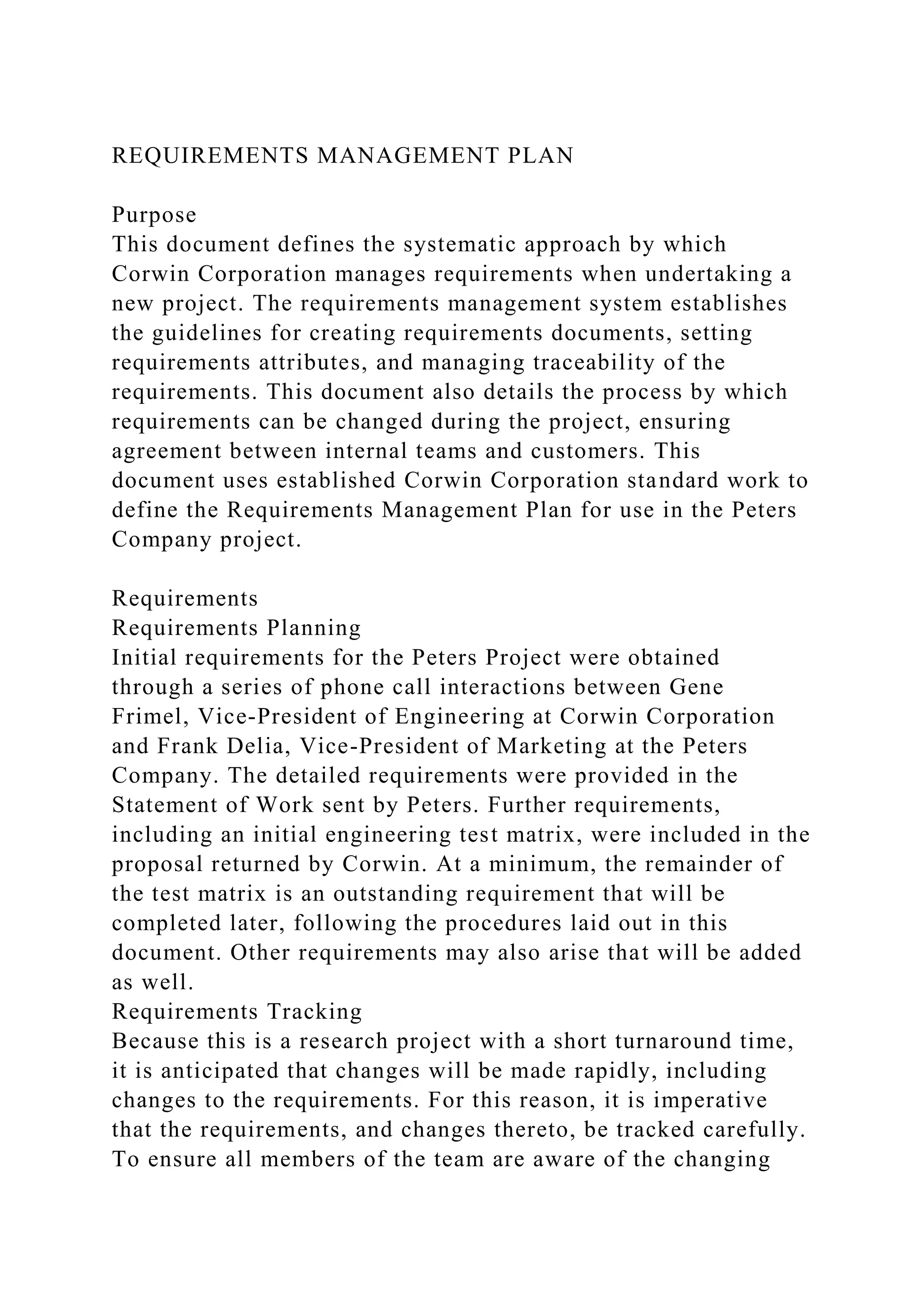 REQUIREMENTS MANAGEMENT PLANPurposeThis document defines the s.docx