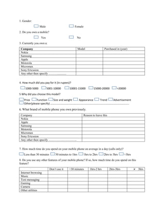 Questionnaire on Mobile usage | PDF