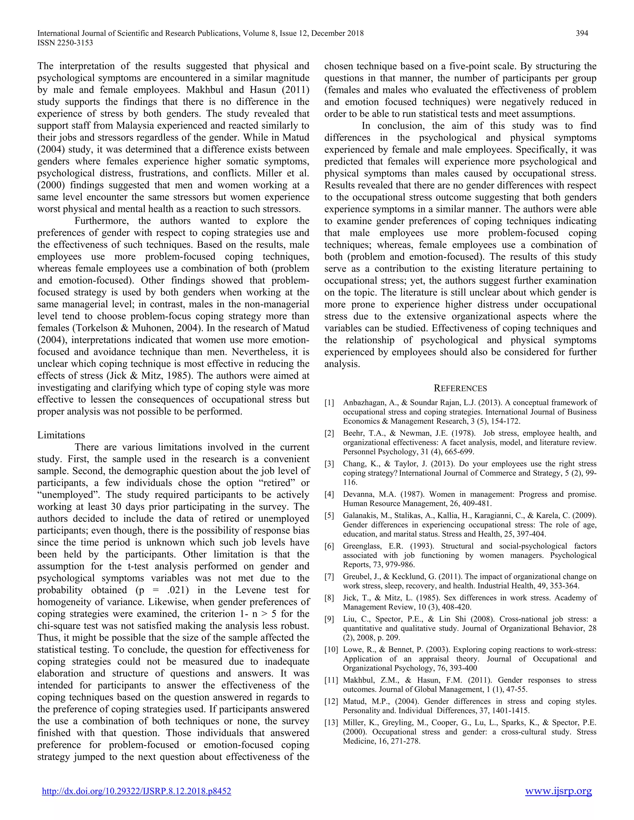 Effects of Occupational Stress on Employees: Gender Reaction and Coping ...