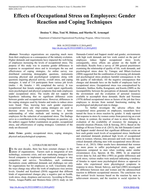 Effects of Occupational Stress on Employees: Gender Reaction and Coping Techniques | PDF | Men ...