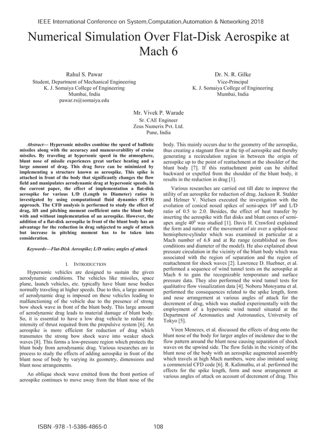 Numerical Simulation Over Flat-Disk Aerospike at Mach 6 | PDF