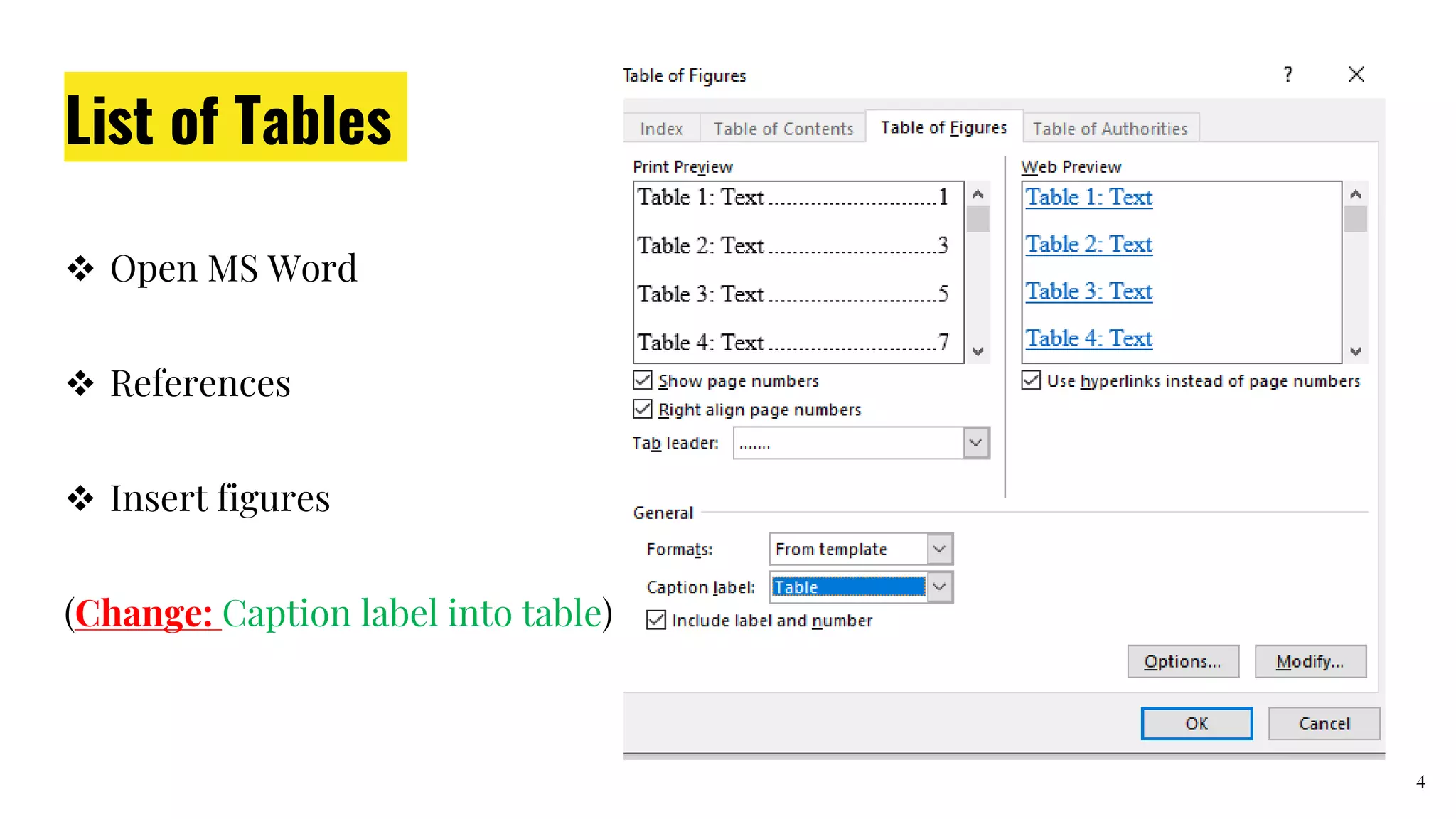 Research 24. code 47. Table, Caption, List of tables | PPTX