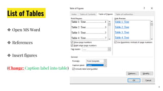 Research 24. code 47. Table, Caption, List of tables | PPTX