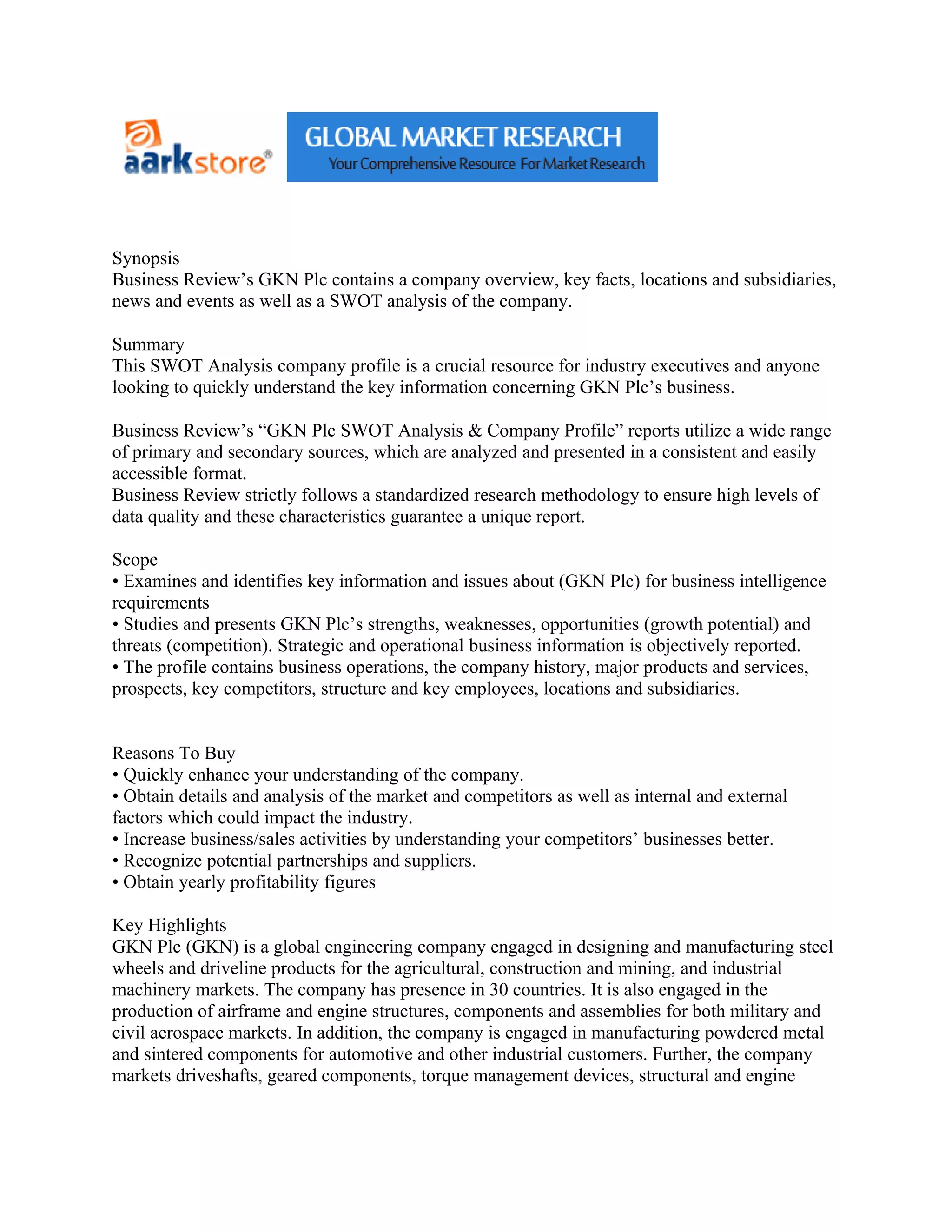 Research aarkstore.com gkn plc swot analysis & company profile jan 2011 ...