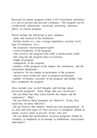 Research an inmate program within a us correctional institution (i ...