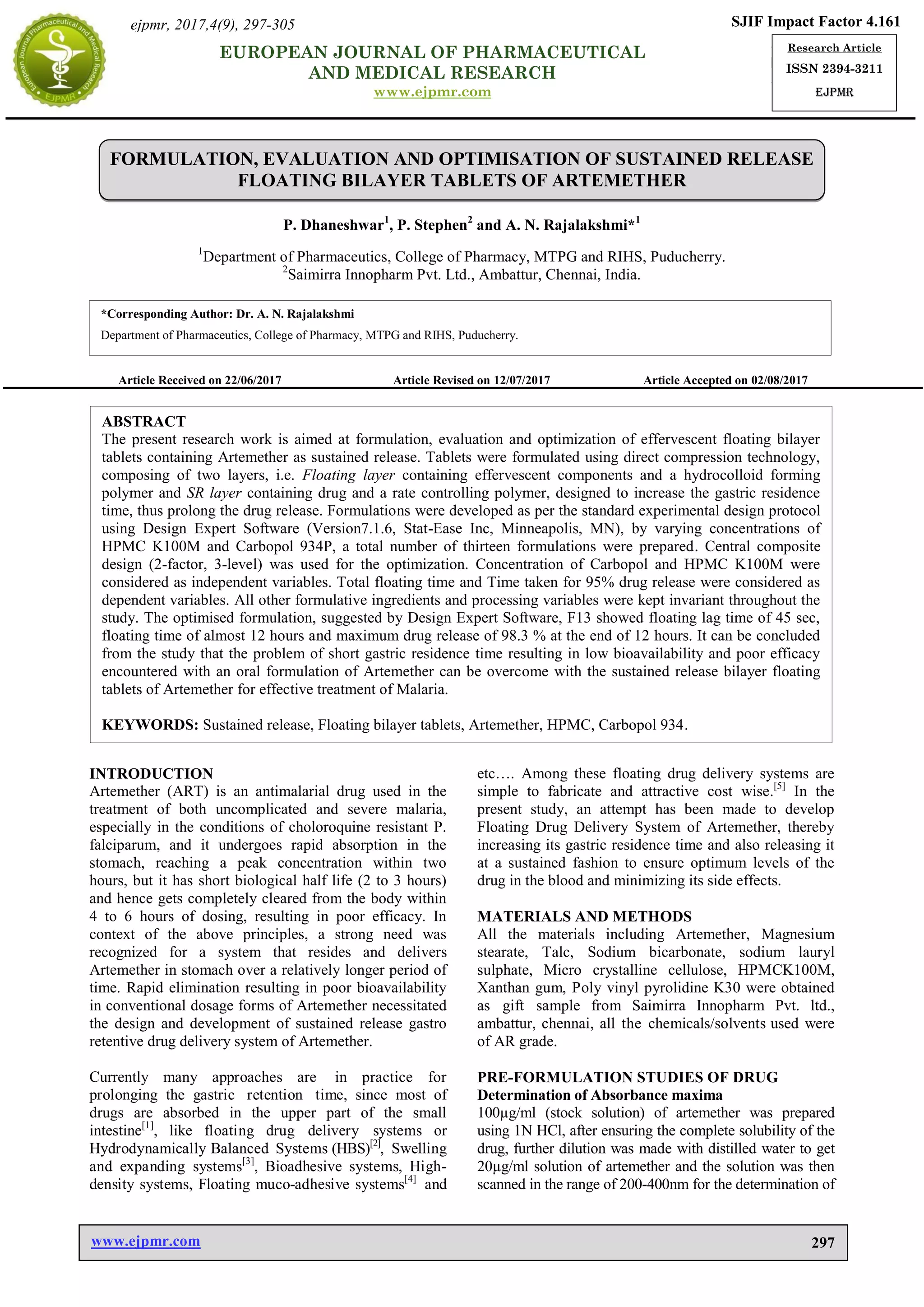 FORMULATION, EVALUATION AND OPTIMISATION OF SUSTAINED RELEASE FLOATING ...