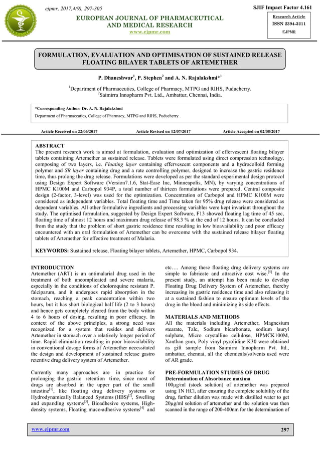 FORMULATION, EVALUATION AND OPTIMISATION OF SUSTAINED RELEASE FLOATING ...