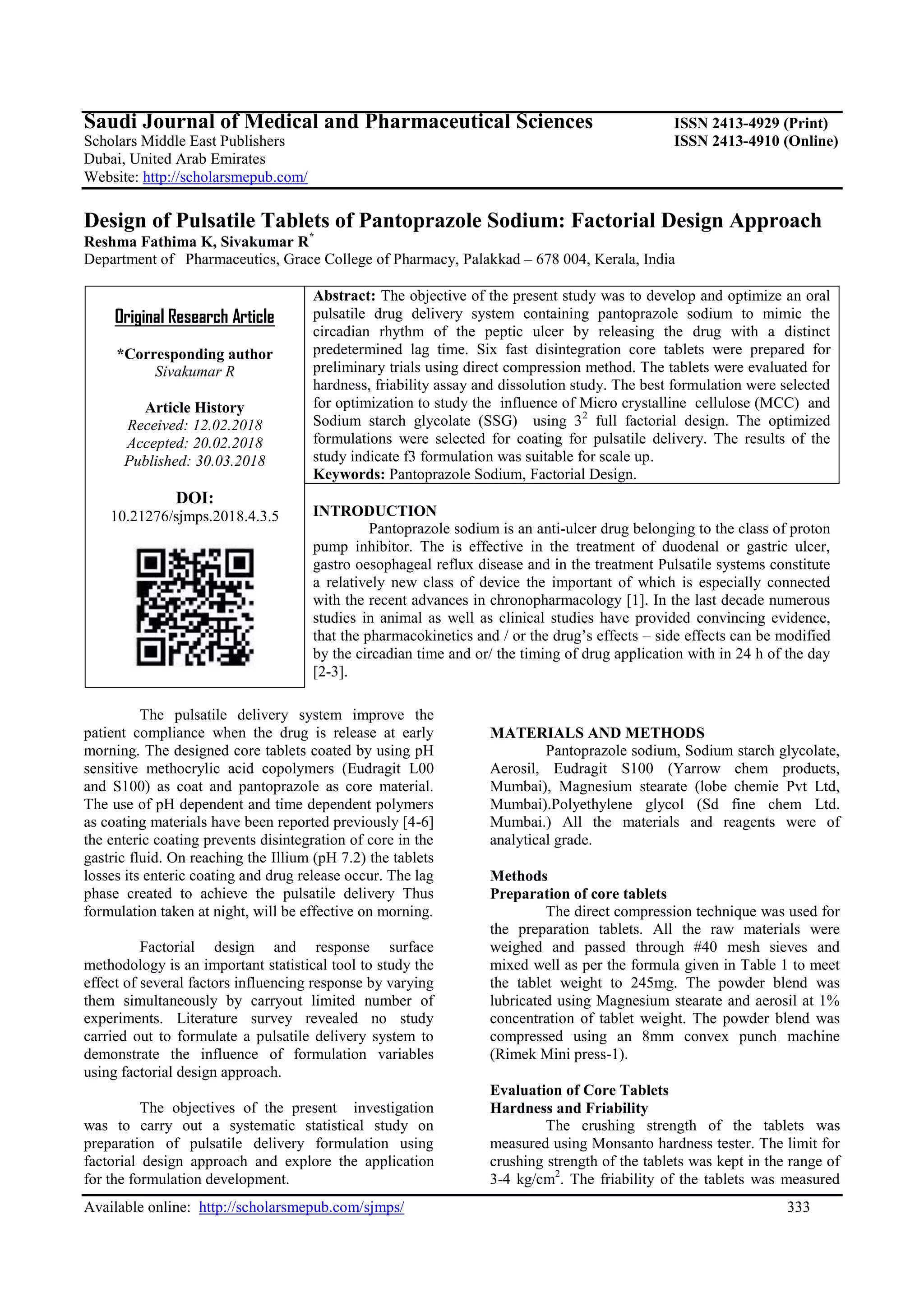 Design of Pulsatile Tablets of Pantoprazole Sodium: Factorial Design ...