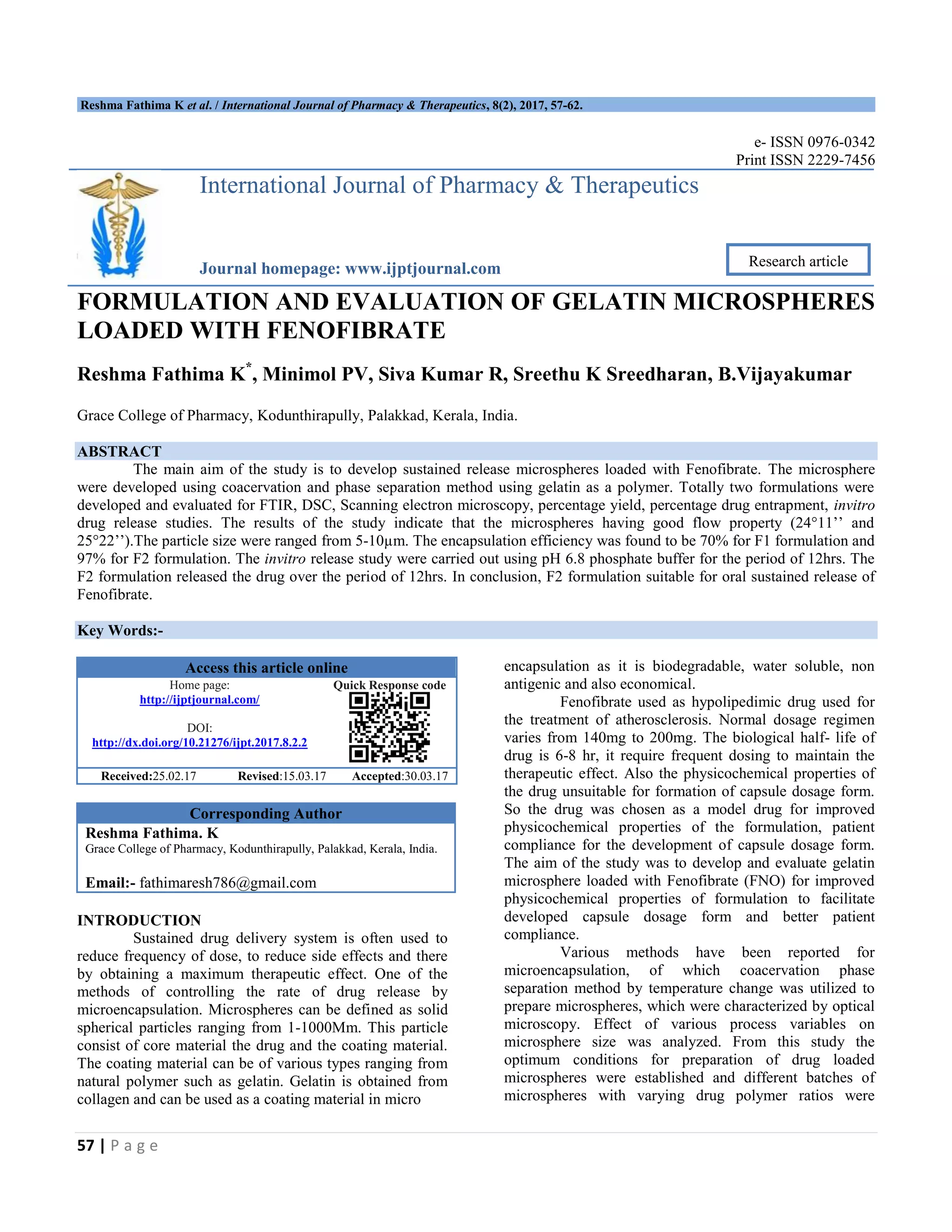 Formulation And Evaluation Of Gelatin Microspheres Loaded With Fenofibrate Pdf