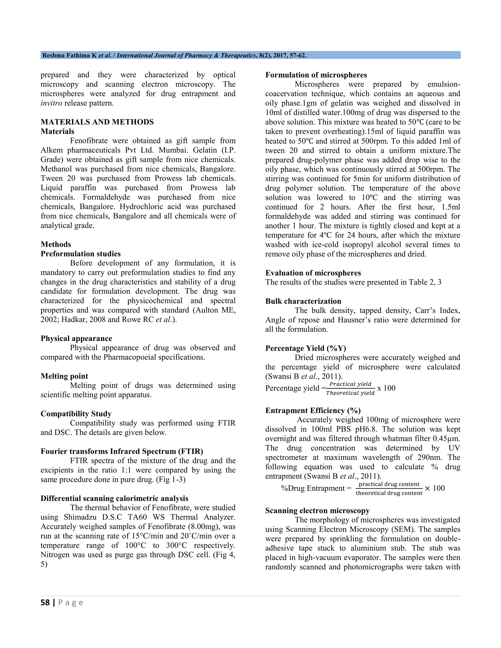 FORMULATION AND EVALUATION OF GELATIN MICROSPHERES LOADED WITH FENOFIBRATE | PDF