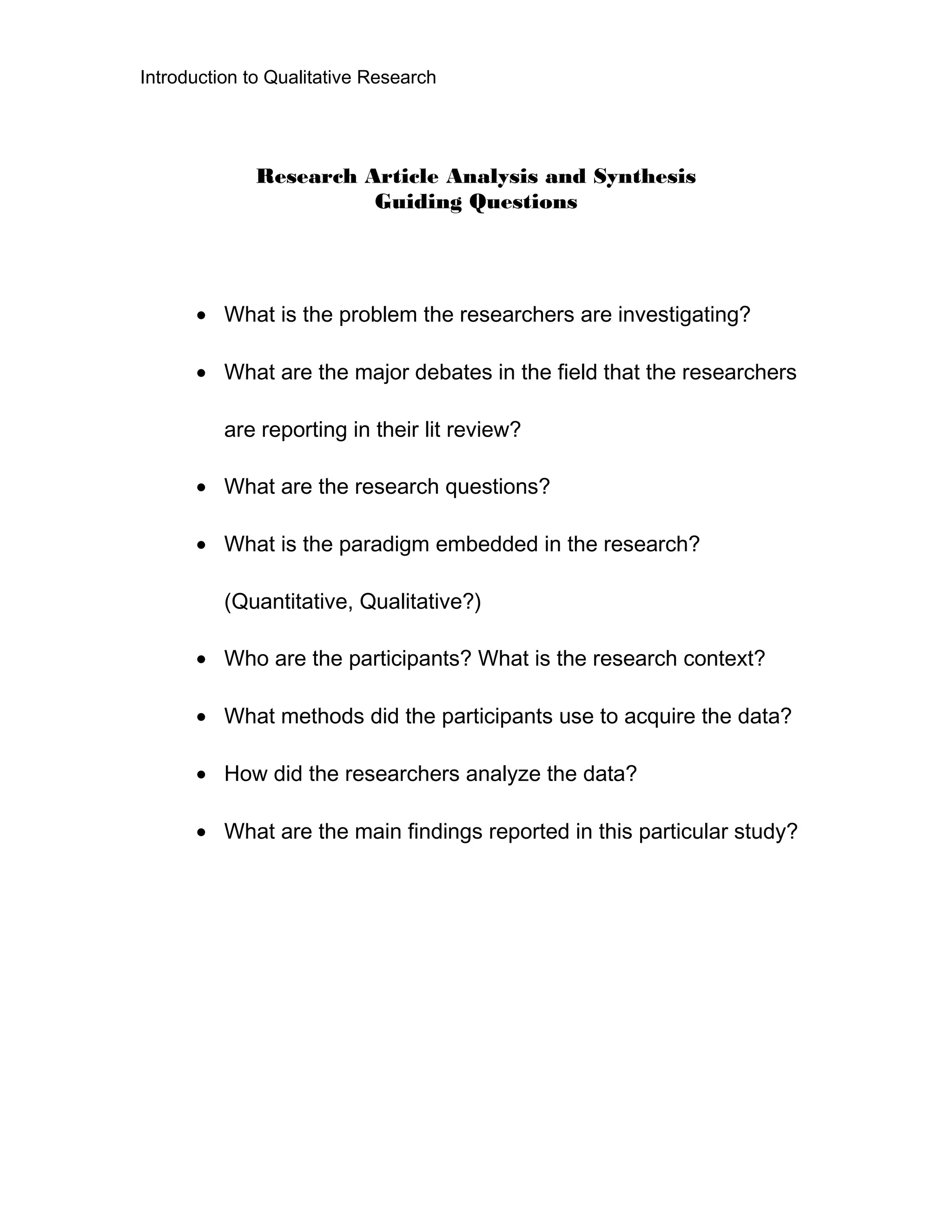 Research article analysis guiding questions | DOC