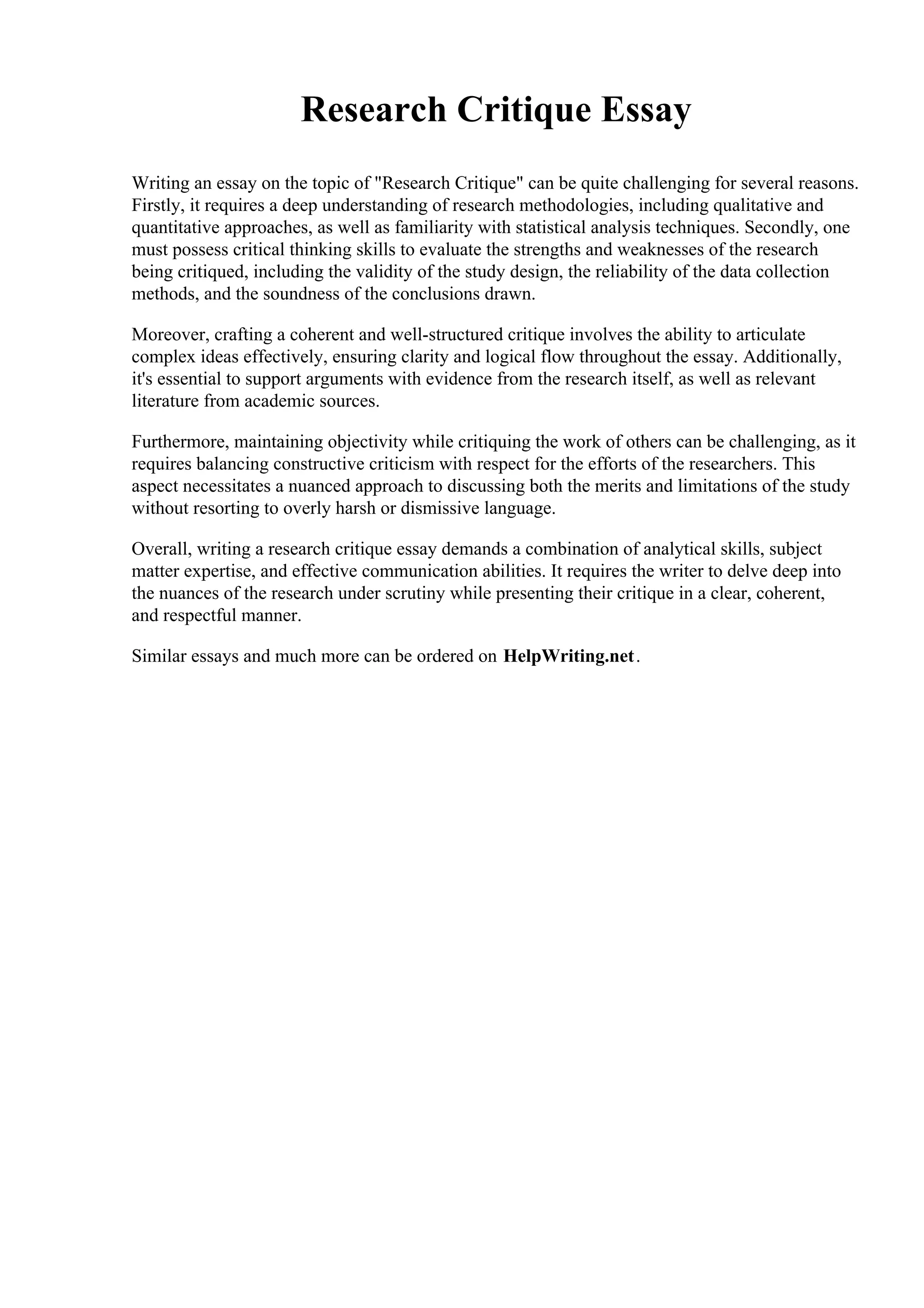 Research Critique Essay. Holland College | PDF